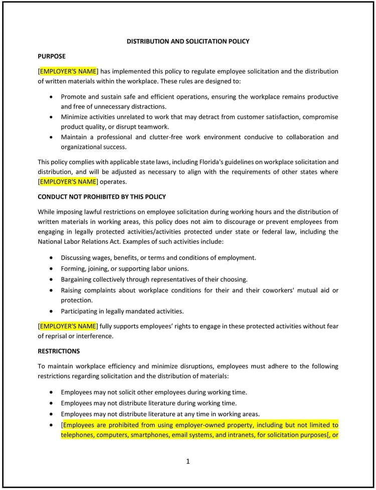 Distribution and solicitation policy (Florida): Free template