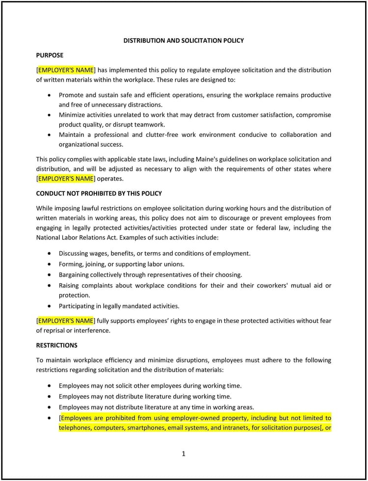 Distribution and solicitation policy (Maine): Free template