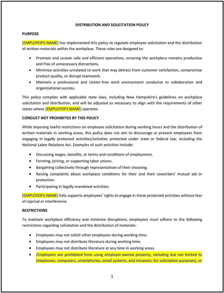 Distribution and solicitation policy (New Hampshire): Free template