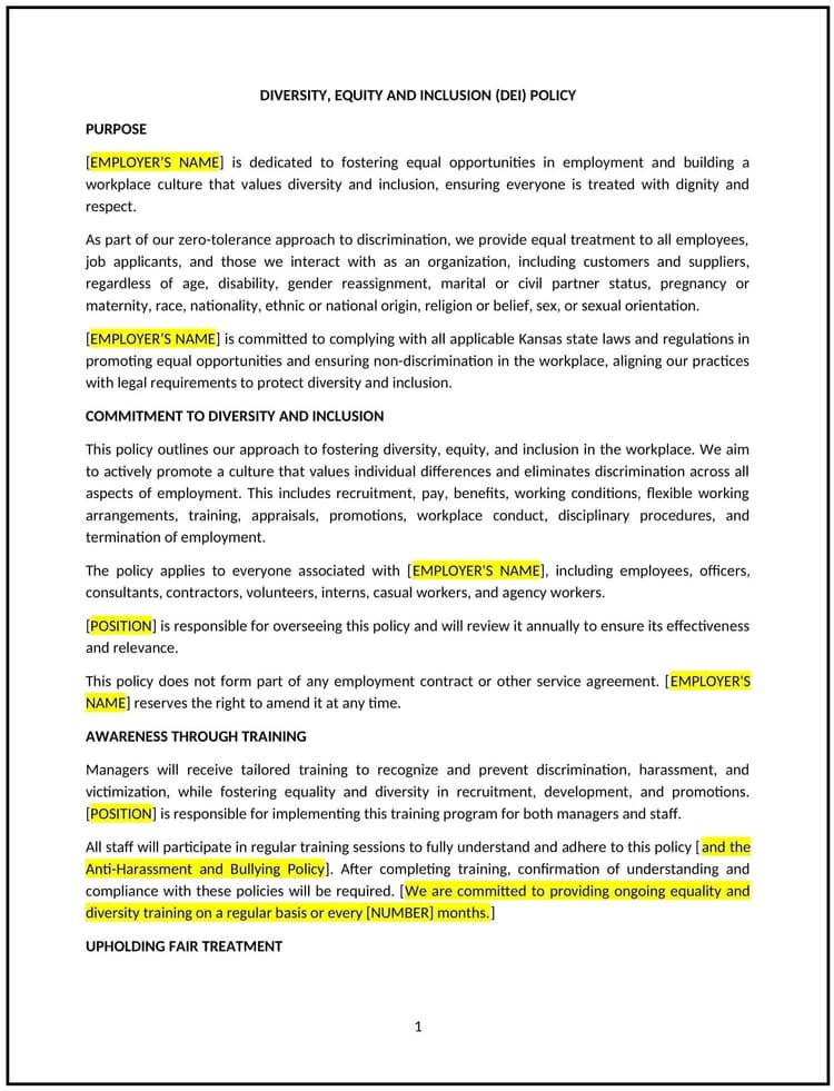 Diversity, equity, and inclusion (DEI) policy (Kansas): Free template