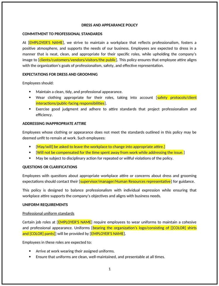 Dress and appearance policy (Iowa): Free template