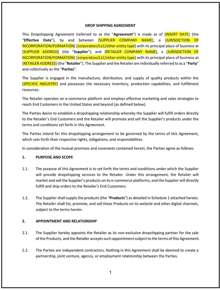 Drop Shipping Agreement (Hawaii): Free template