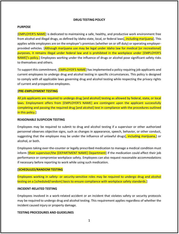Drug testing policy (Idaho): Free template