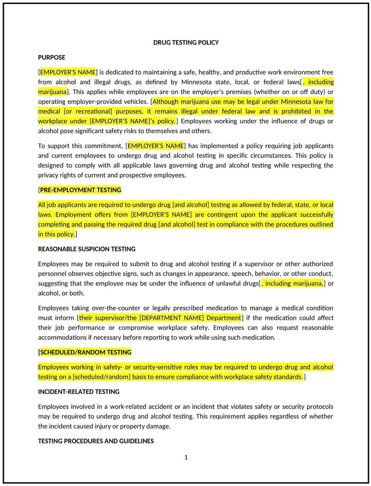Drug testing policy (Minnesota): Free template