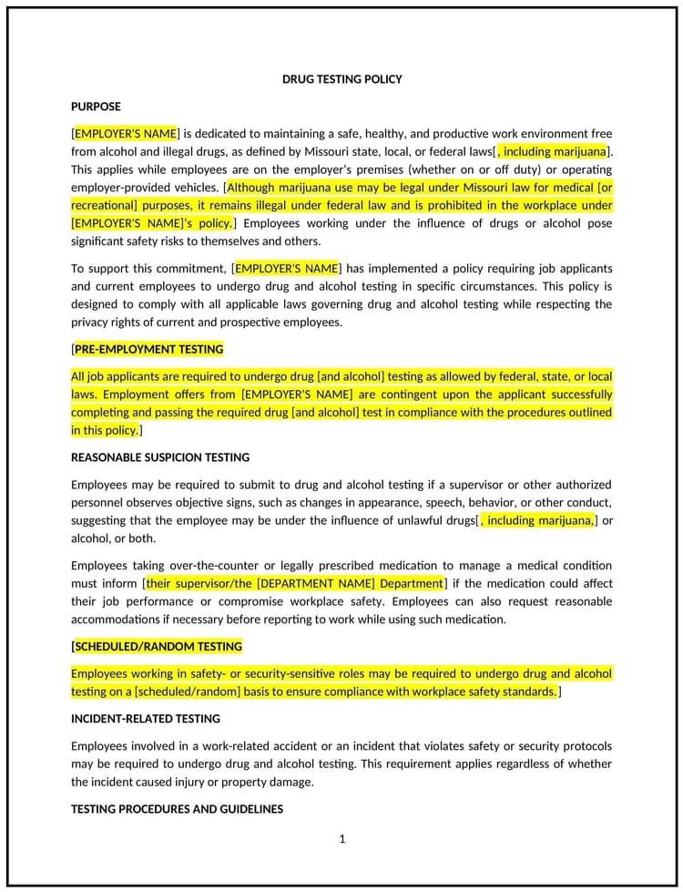 Drug and testing policy (Missouri): Free template