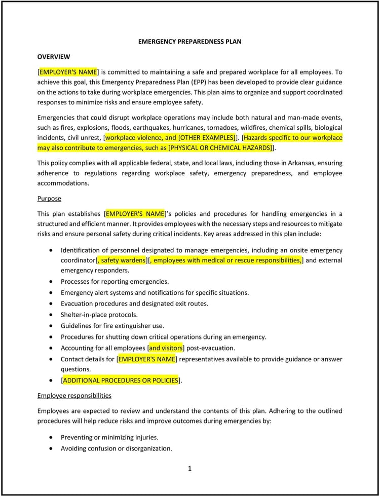Emergency preparedness plan (Arkansas): Free template