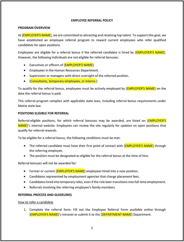Employee referral policy (Maine): Free template