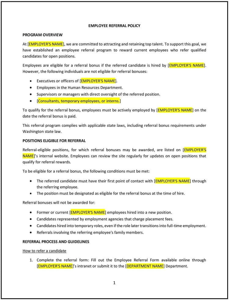 Employee referral policy (Washington): Free template