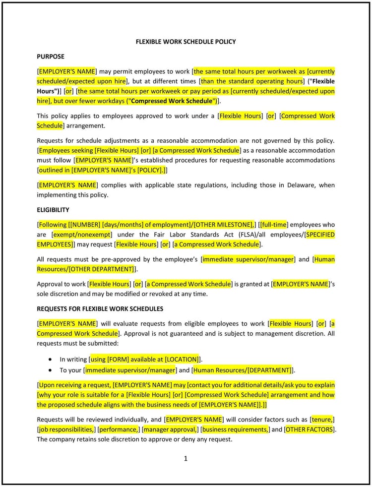 Flexible work schedule policy (Delaware): Free template