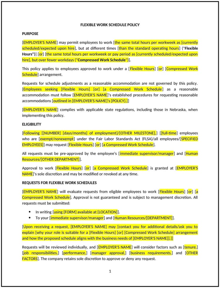 Flexible work schedule policy (Nebraska): Free template