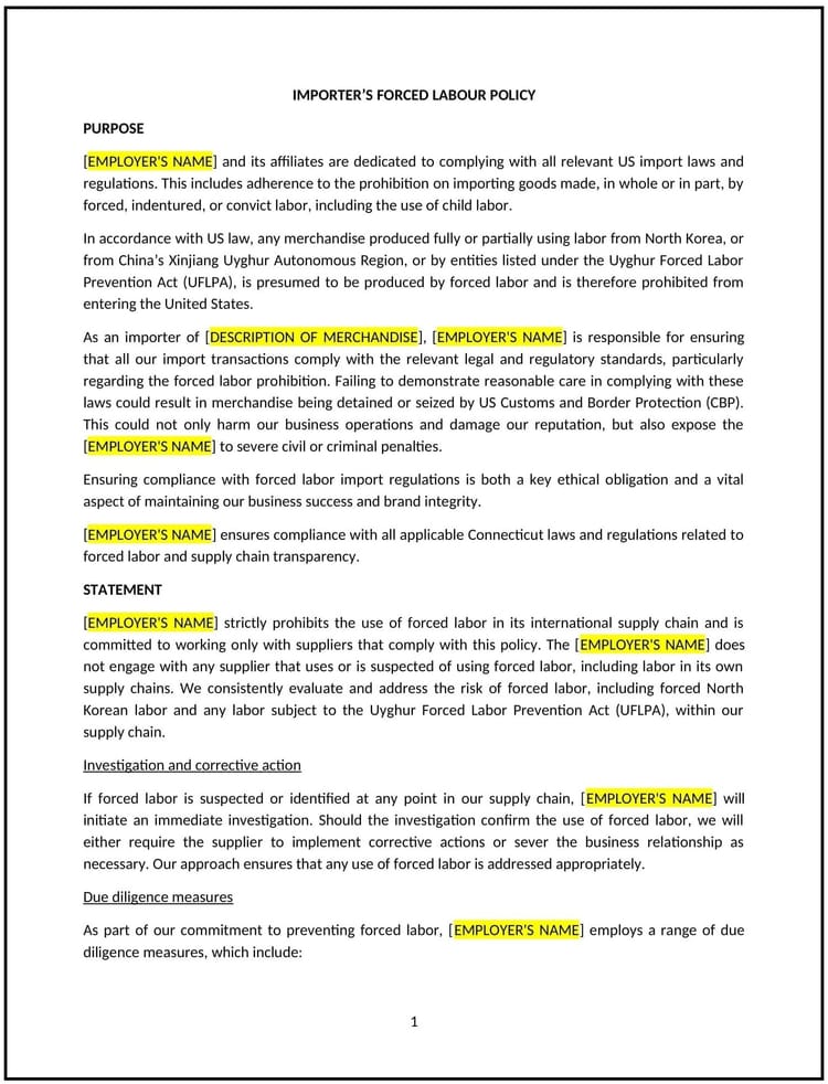 Importer's forced labour policy (Connecticut): Free template