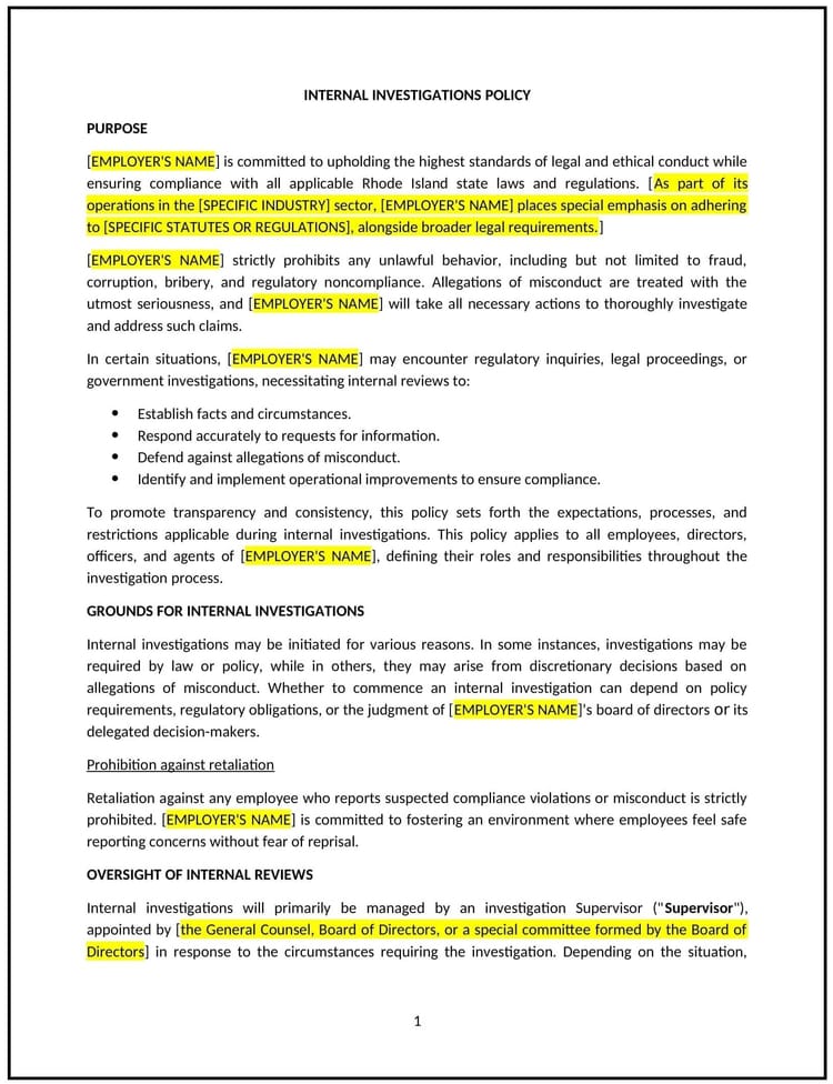 Internal investigations policy (Rhode Island): Free template