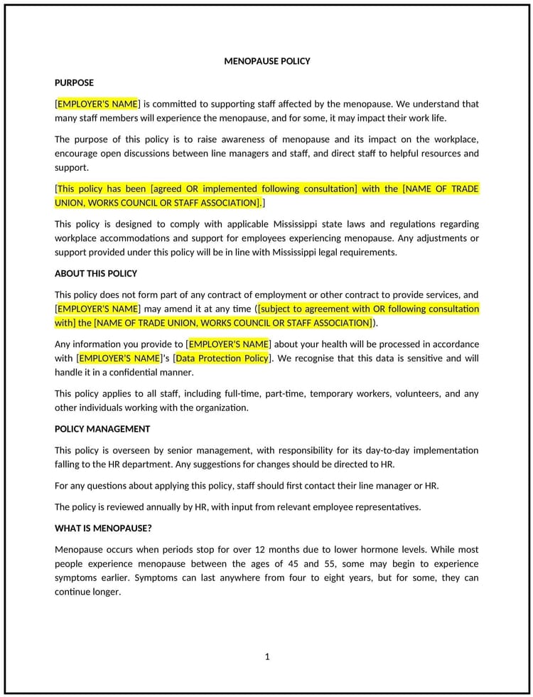 Menopause policy (Mississippi): Free template