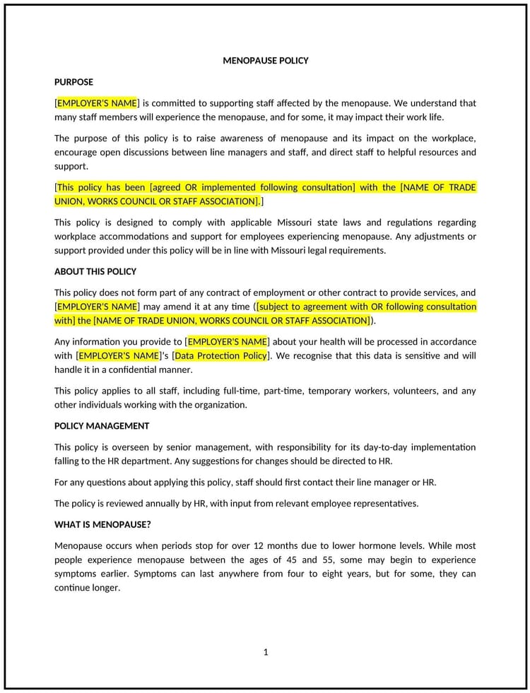 Menopause policy (Missouri): Free template