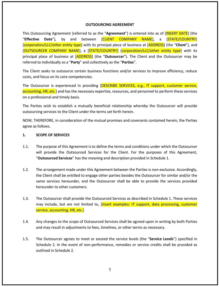 Outsourcing Agreement (Arizona): Free template