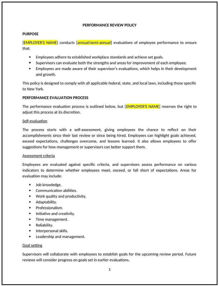 Performance review policy (New York): Free template
