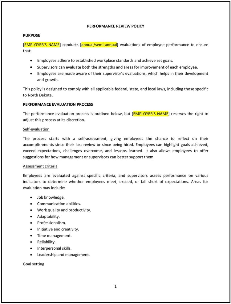 Performance review policy (North Dakota): Free template