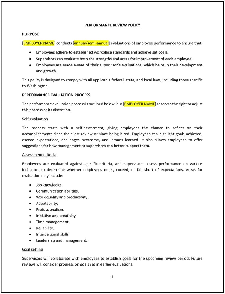 Performance review policy (Washington): Free template