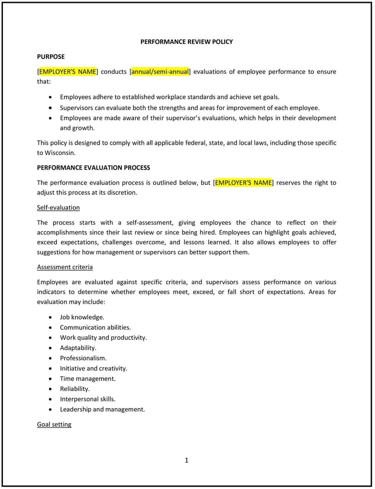 Performance review policy (Wisconsin): Free template