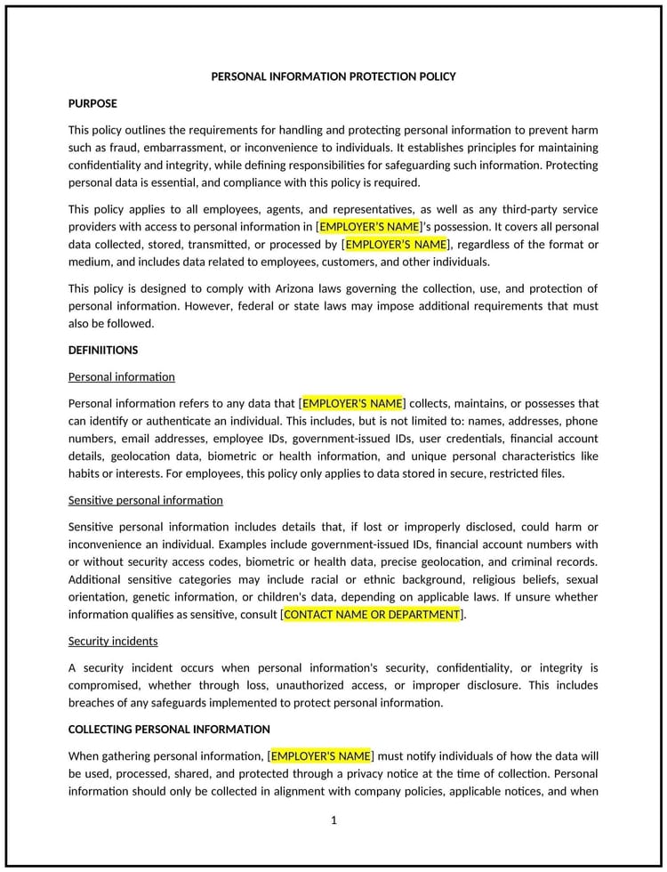 Personal information protection policy (Arizona): Free template