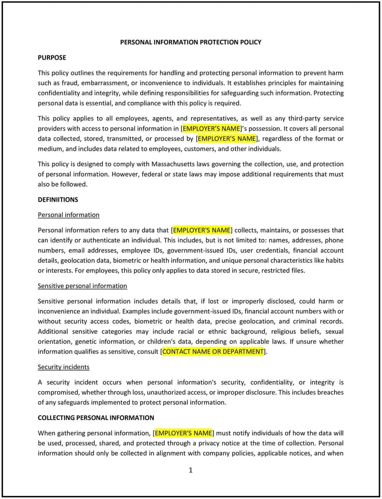 Personal information protection policy (Massachusetts): Free template