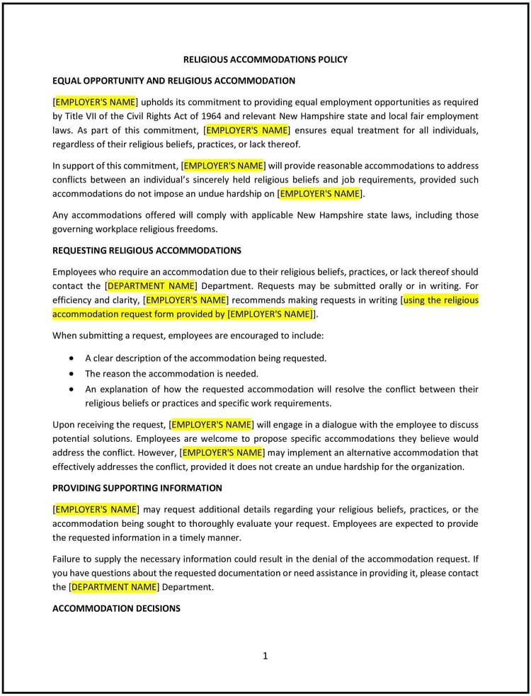 Religious accommodations policy (New Hampshire): Free template