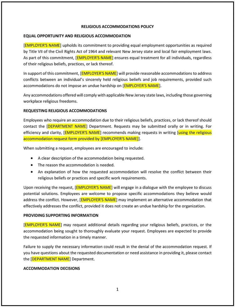 Religious accommodations policy (New Jersey): Free template