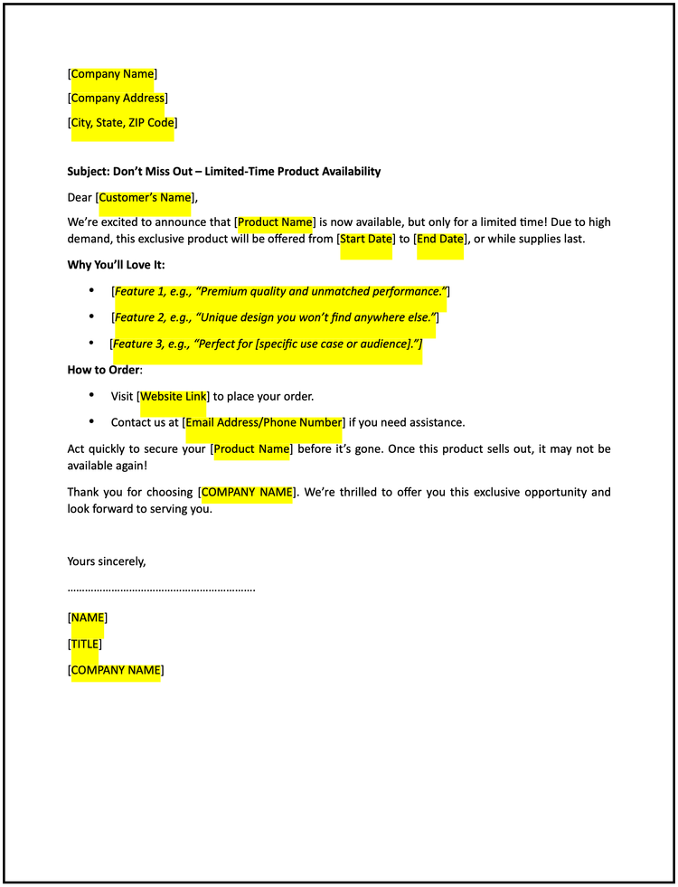Notification letter of limited-time product availability: Free template
