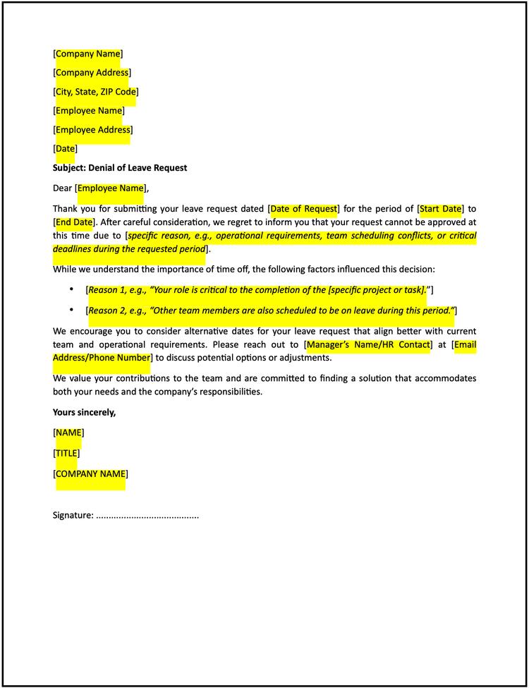 Denial of leave request with explanation letter: Free template