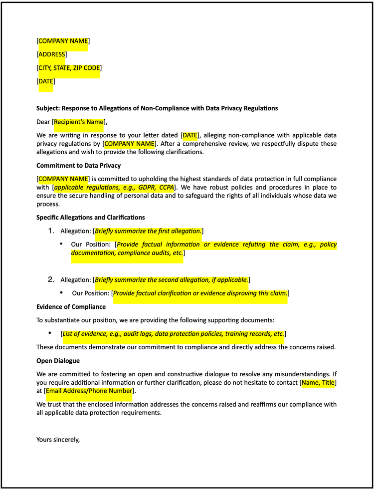 Letter disputing allegations of data privacy non-compliance: Free template