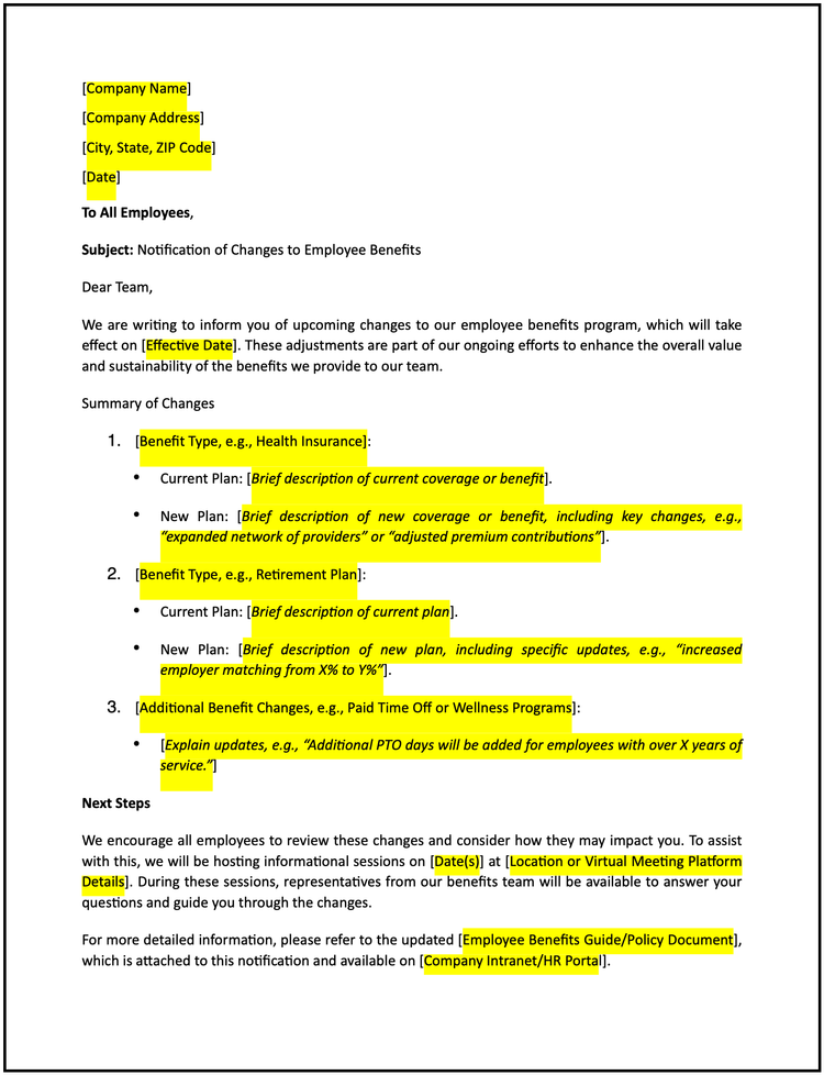 Letter of changes to employee benefits: Free template