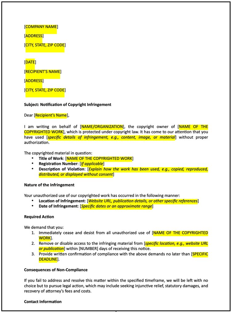 Copyright infringement cease and desist letter: Free template