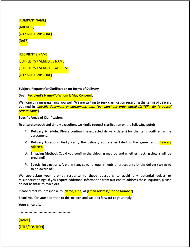 Letter of request for clarification on terms of delivery: Free template