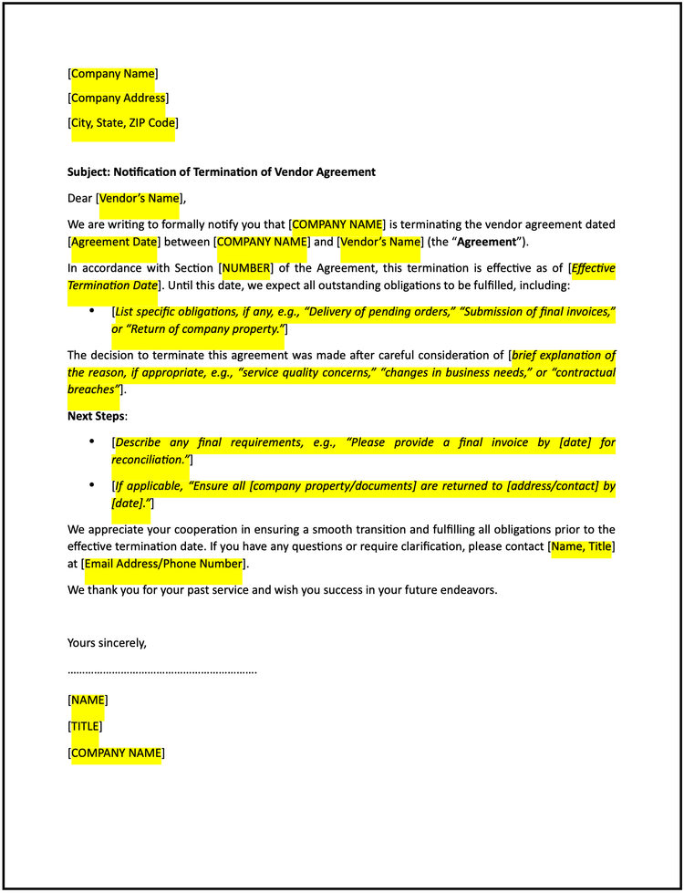 Notification letter of termination of vendor agreement: Free template