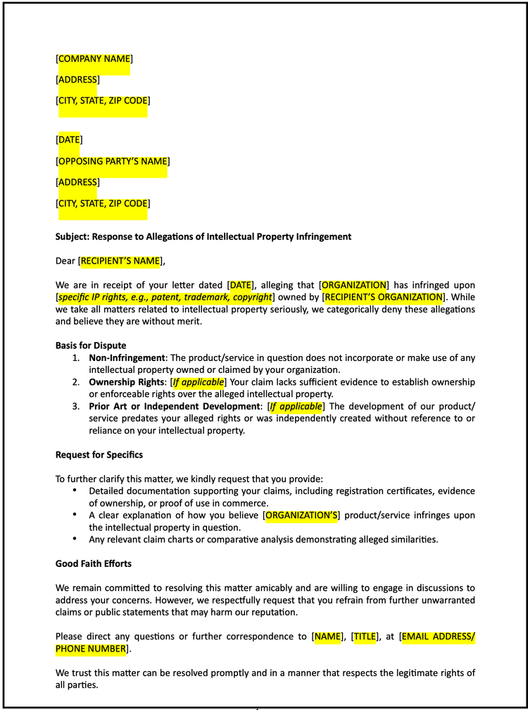 Letter disputing allegations of IP infringement: Free template