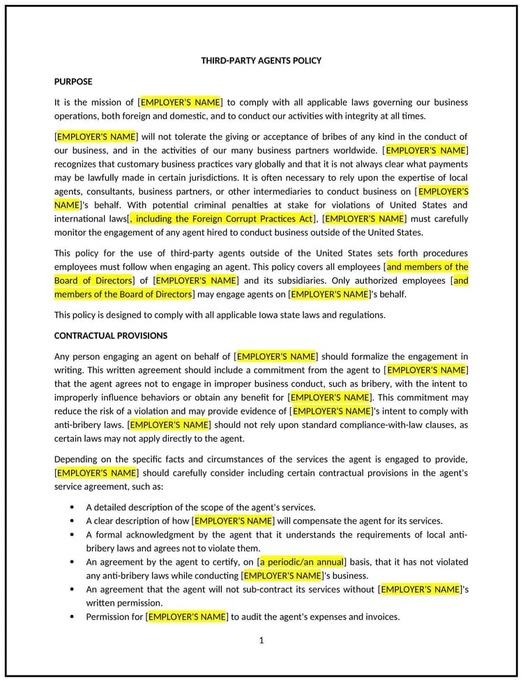 Third-party agents policy (Iowa): Free template