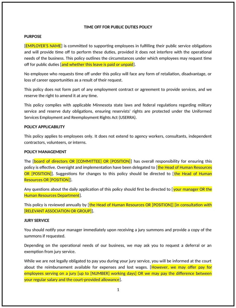 Time off for public duties policy (Minnesota): Free template