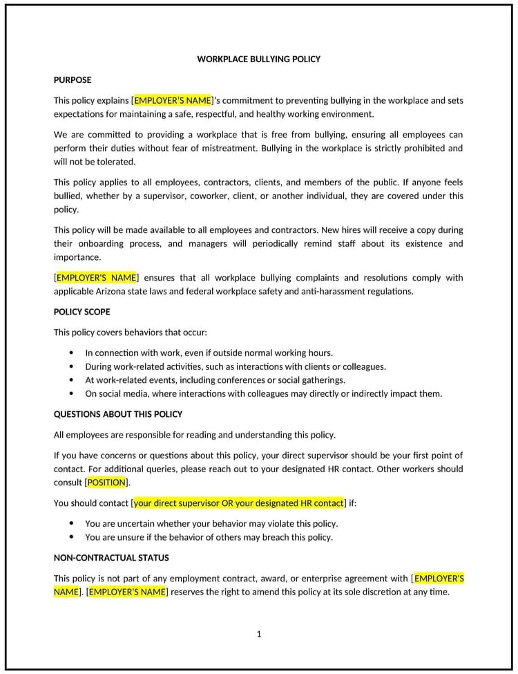 Workplace bullying policy (Arizona): Free template