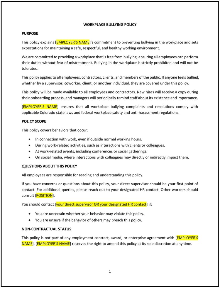 Workplace bullying policy (Colorado): Free template