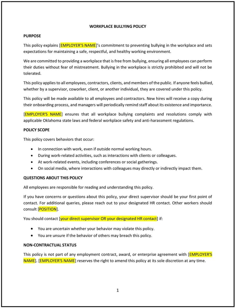 Workplace bullying policy (Oklahoma): Free template