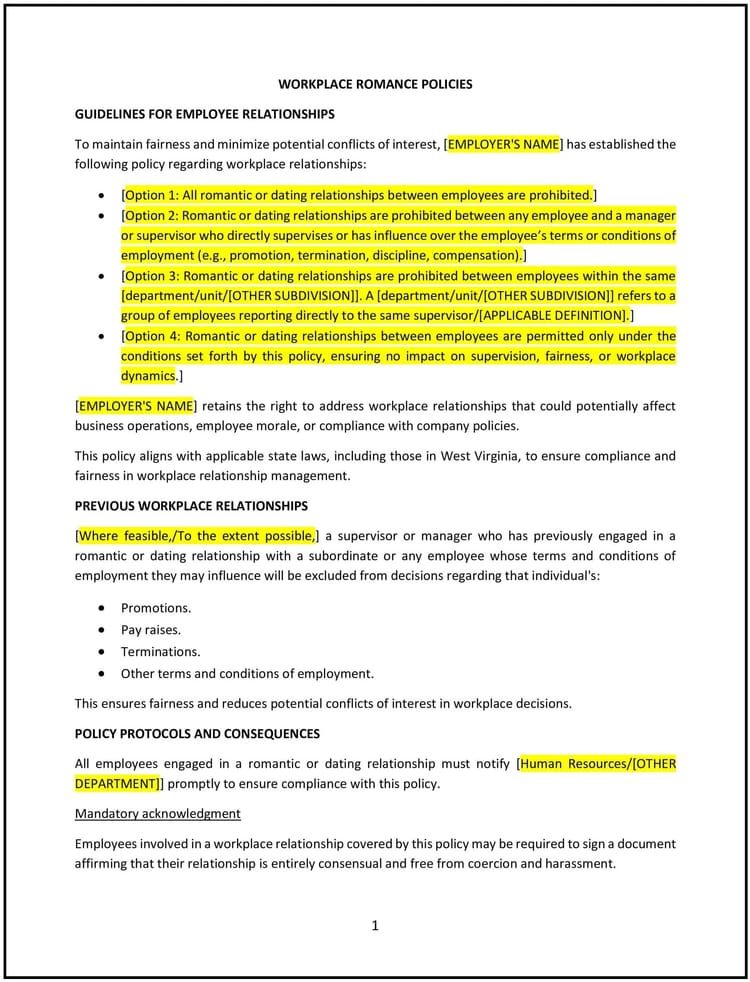 Workplace romance policy (West Virginia): Free template