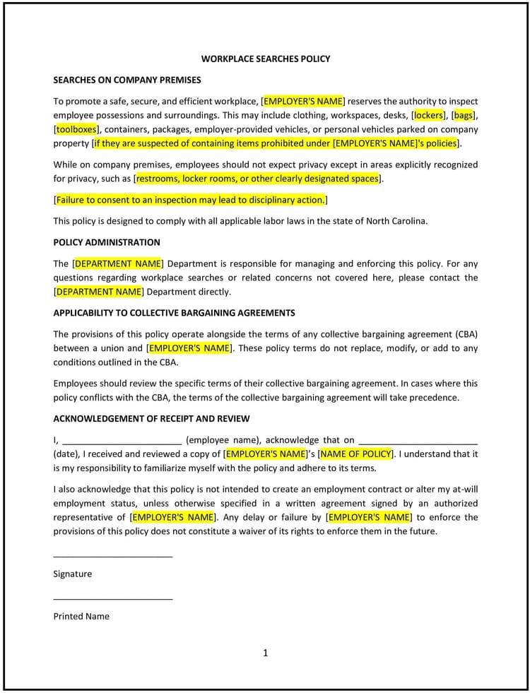 Workplace searches policy (North Carolina): Free template