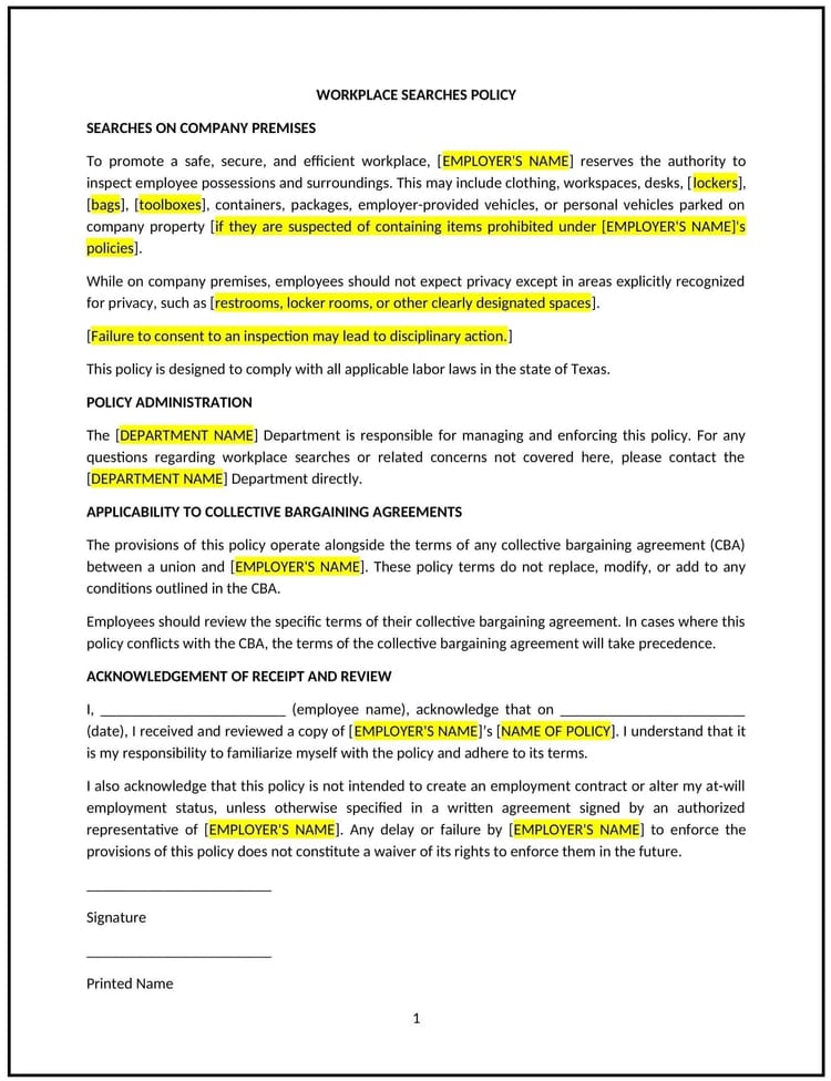 Workplace searches policy (Texas): Free template