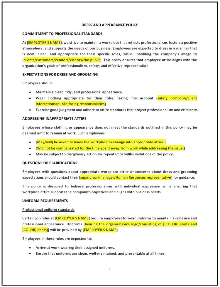 Dress and appearance policy (Arizona): Free template
