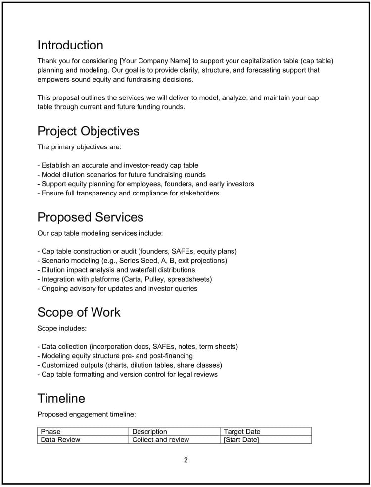Cap table modeling proposal: Free template