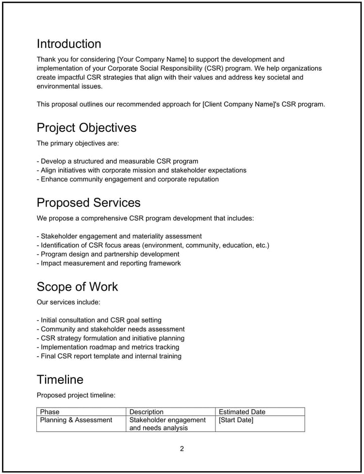 Corporate social responsibility program proposal: Free template
