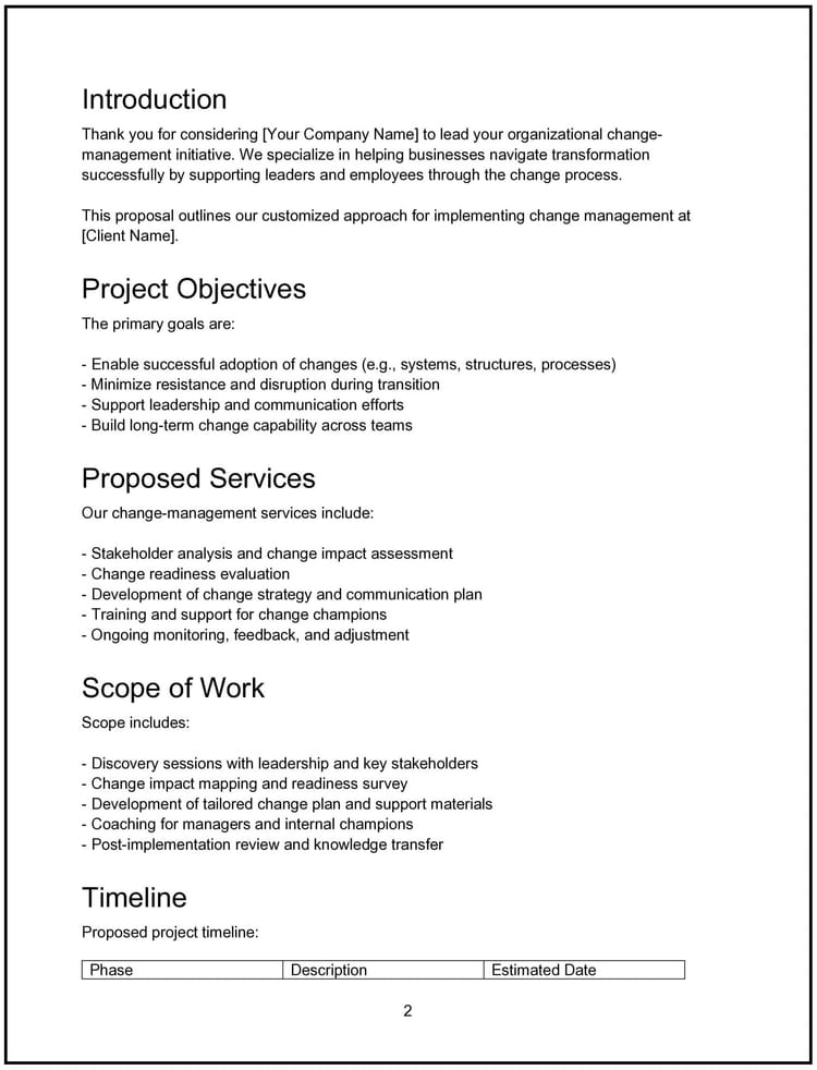 Change management proposal: Free template