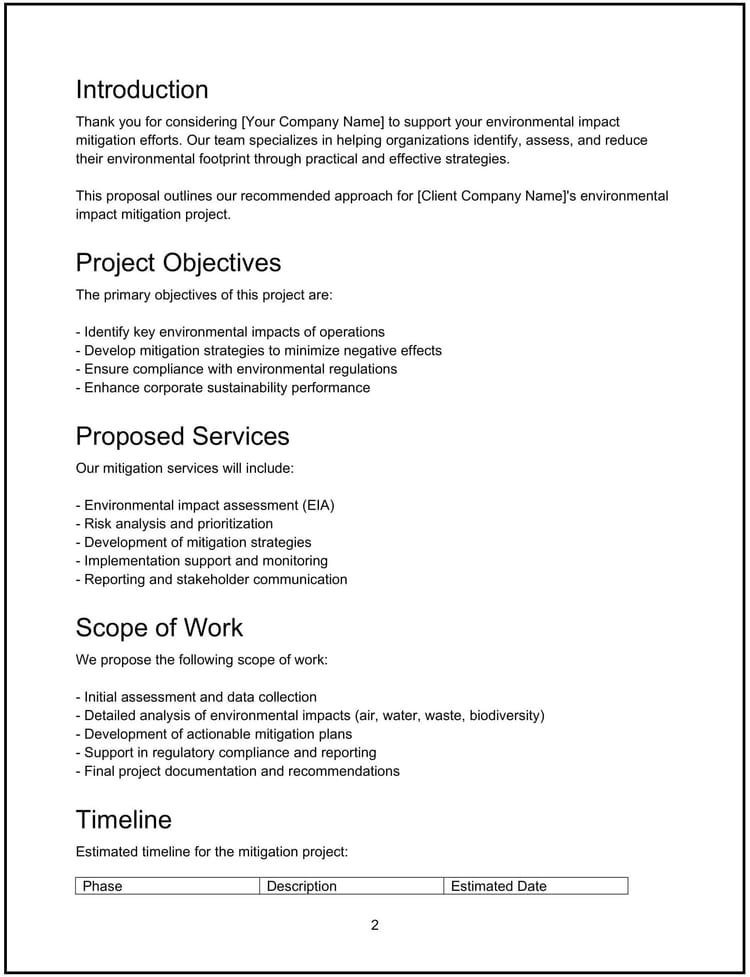 Environmental impact mitigation proposal: Free template