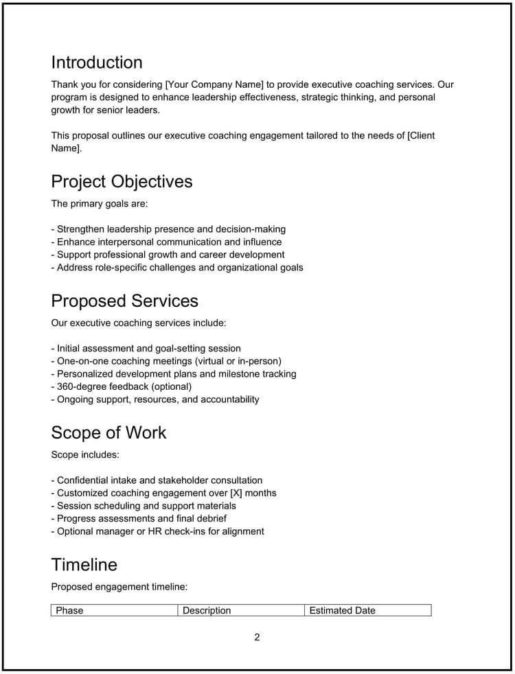 Executive coaching proposal: Free template