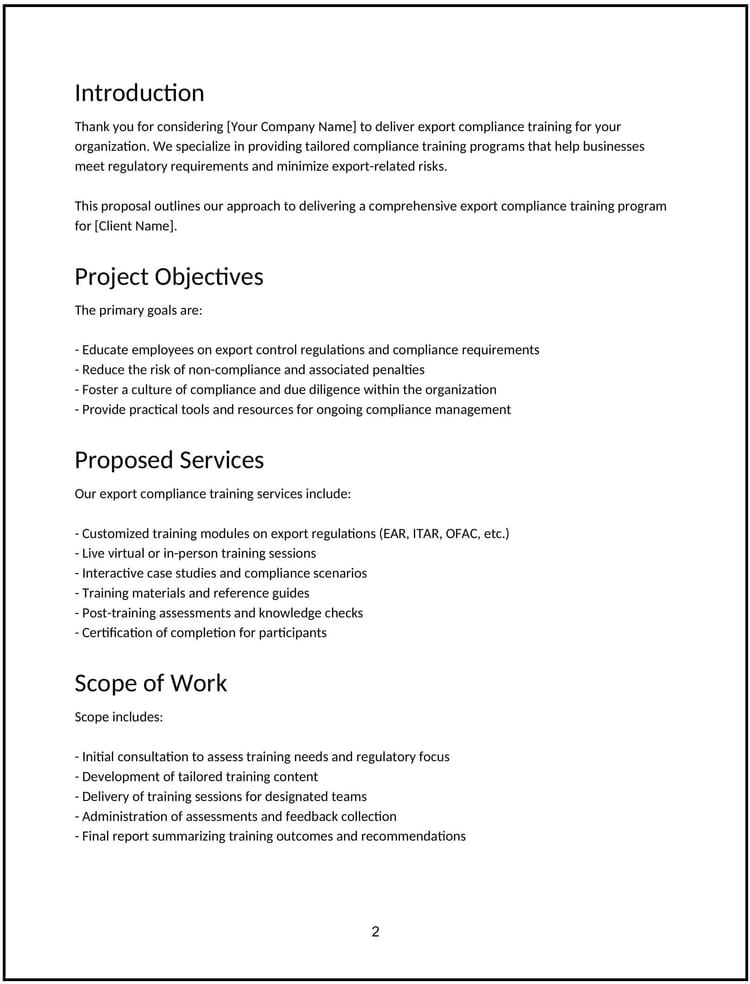 Export compliance training proposal: Free template